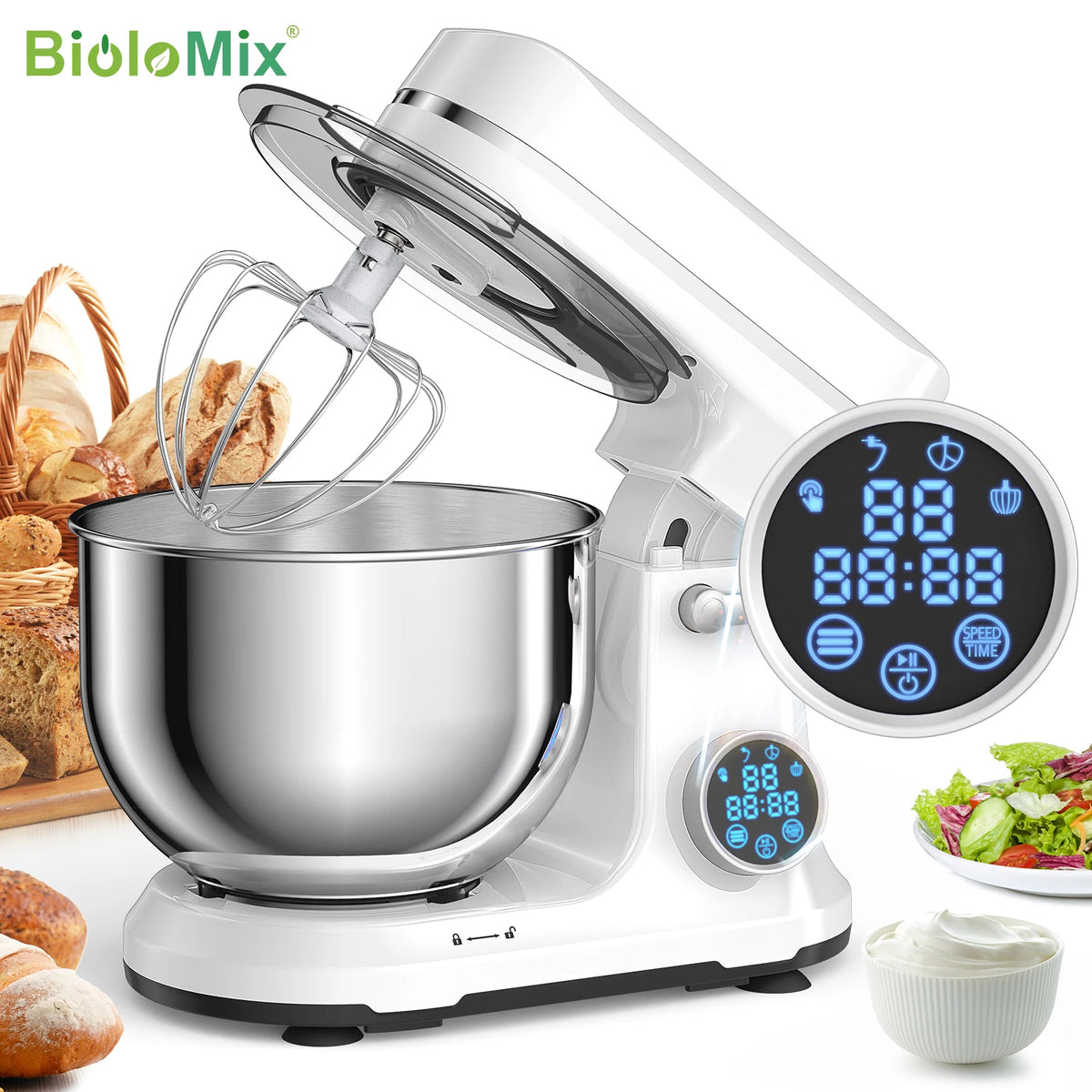 BioloMix Kitchen Food Stand Mixer, 1200W 11-Speeds DC Motor, Digital O ...