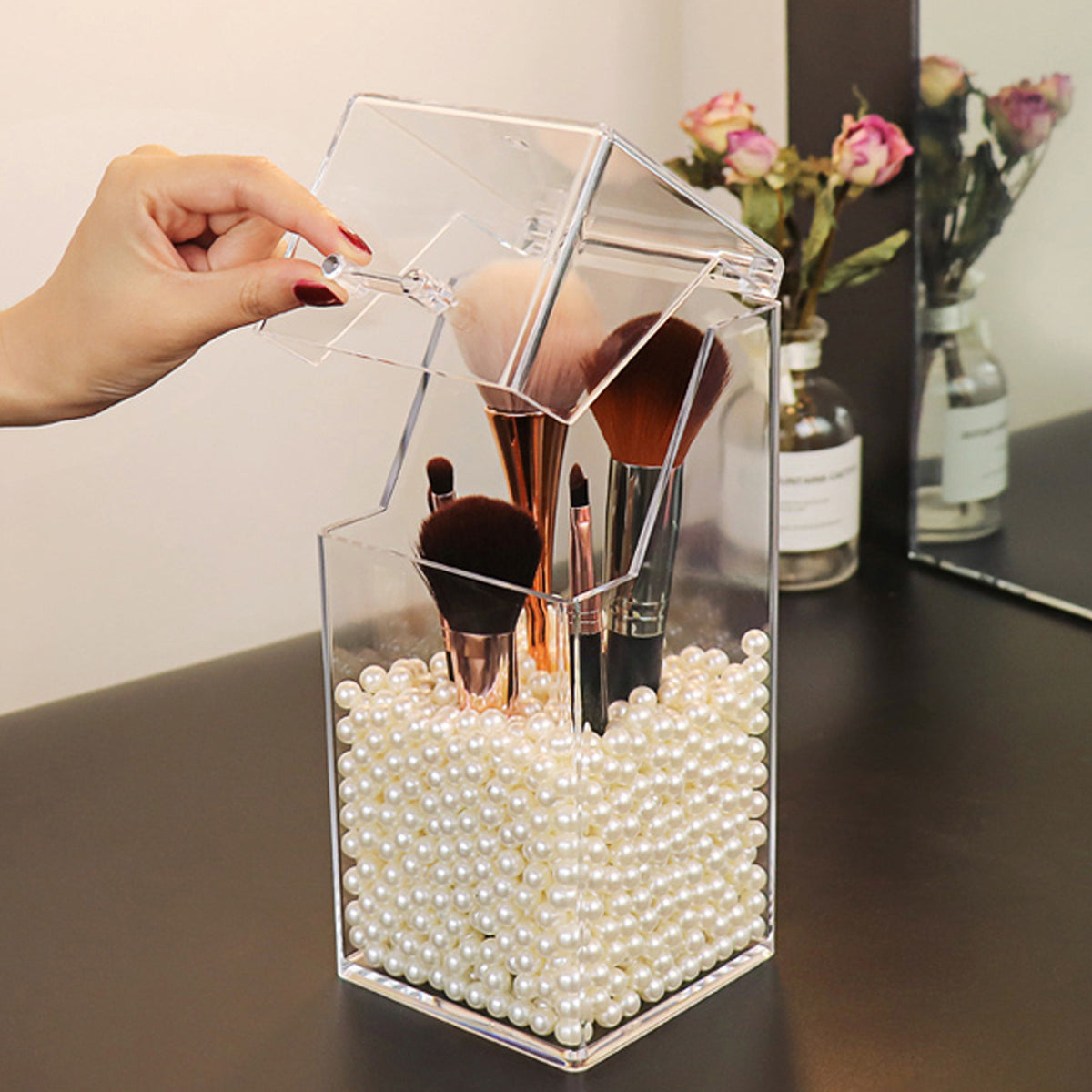 Desktop Clear Transparent Makeup Storage Box Brushes Holder Cosmetic F ...